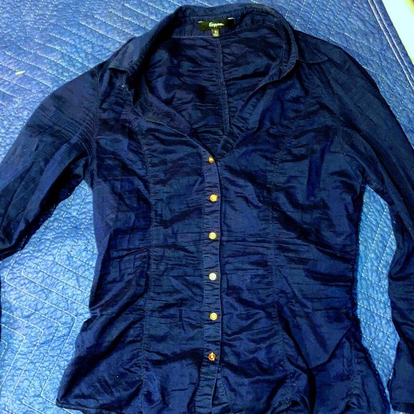 Express | Tops | Vintage Express Navy Blue Button Down Shirt With Gold ...
